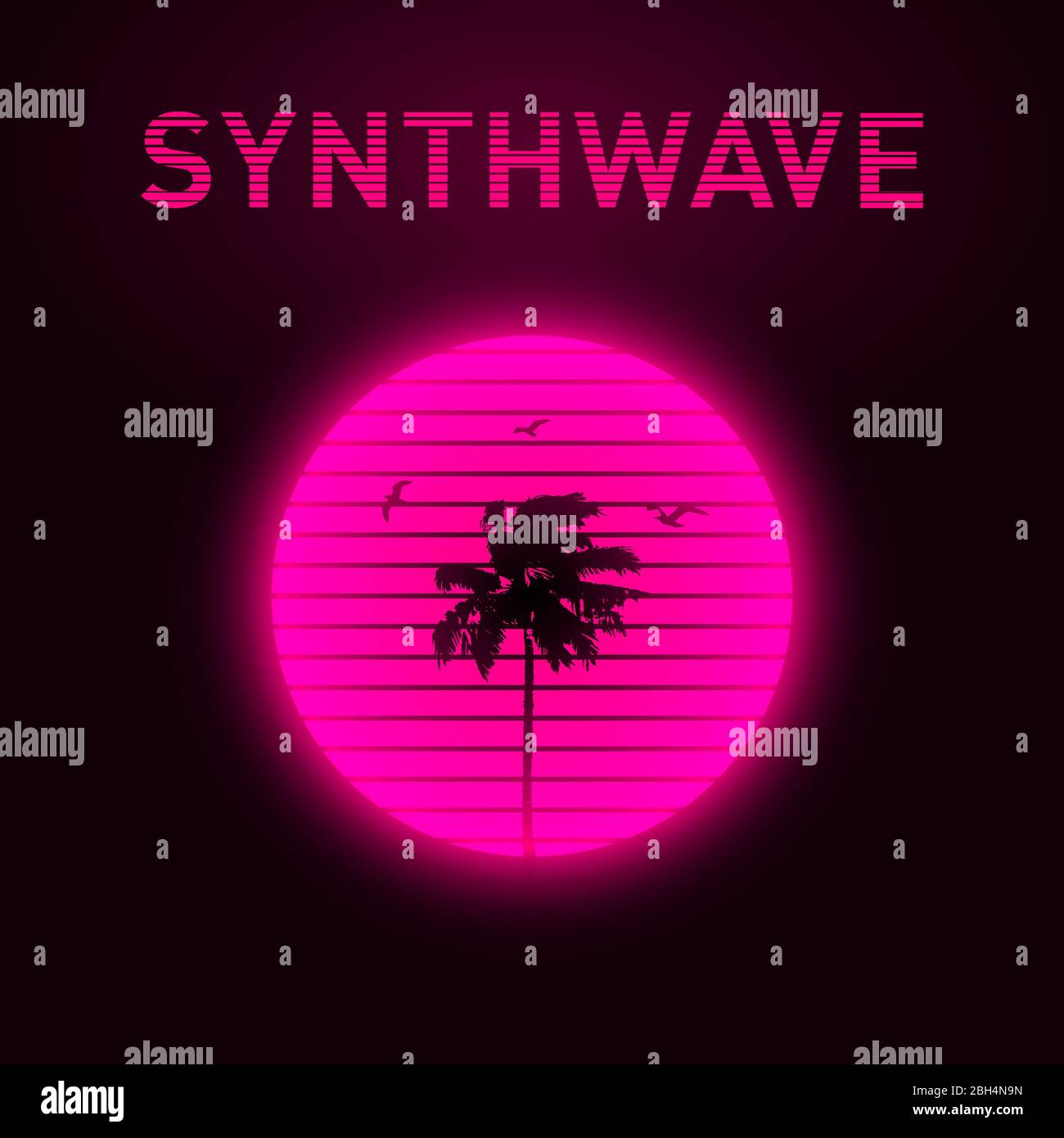 Synthwave style striped pink sun with silhouette of miami palm tree and ...