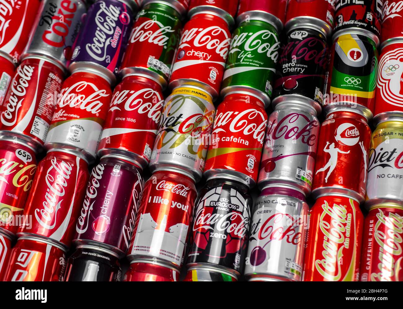 Atlanta, Georgia, USA April 4, 2020: Coca Cola background of many ...