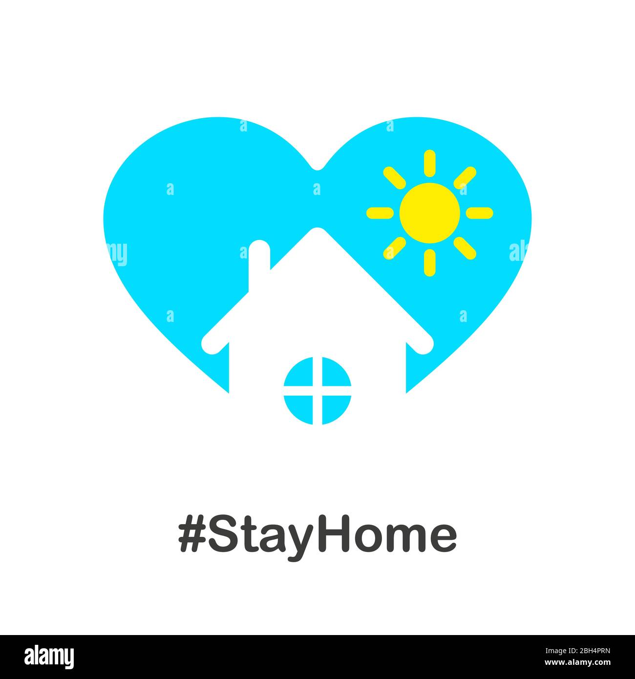 hashtag stay home. Blue heart icon with a yellow sun and a house symbol ...