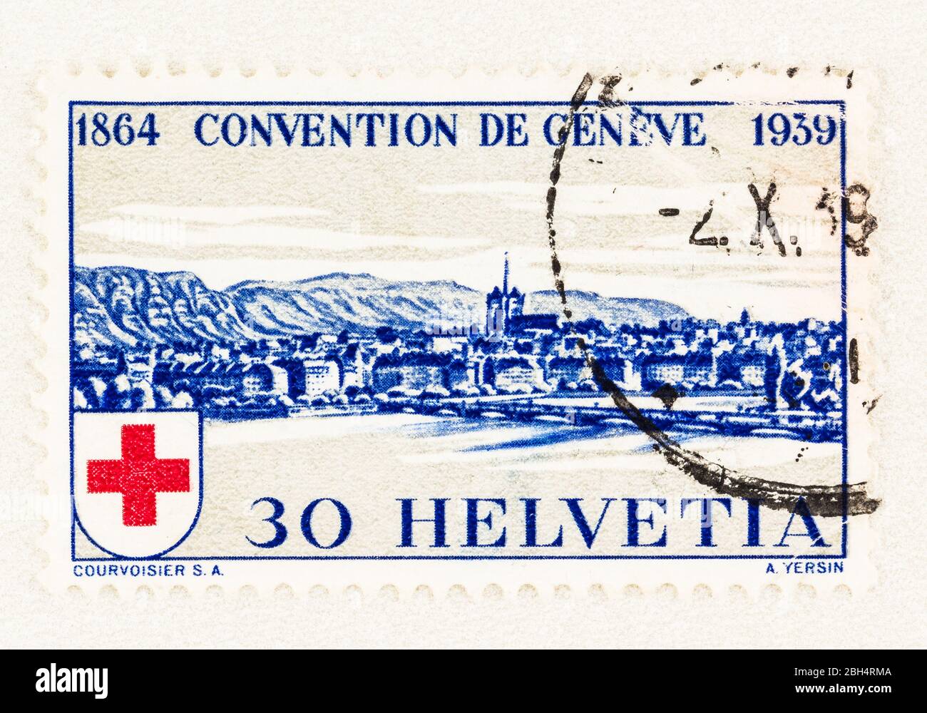 SEATTLE WASHINGTON - April 18, 2020: Blue Swiss postage stamp with view ...
