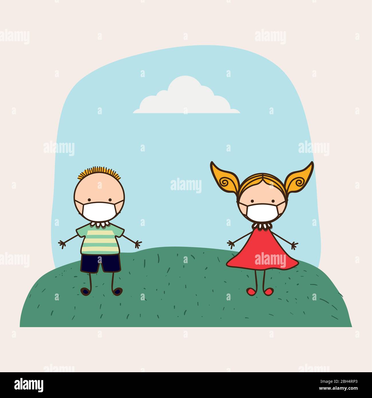 Boy and girl kids with masks against 2019 ncov virus vector design ...