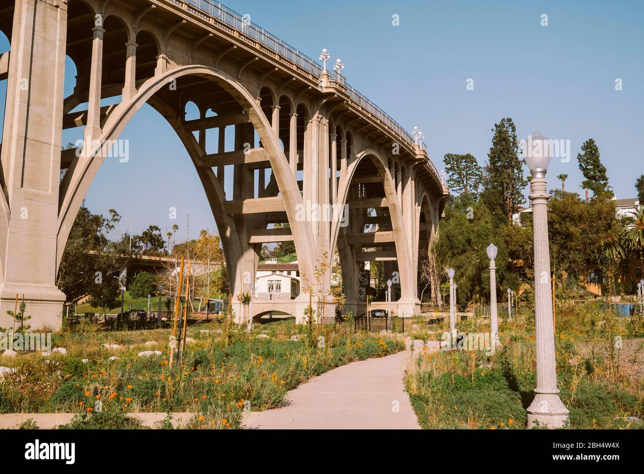 Sunny day at a park in Pasadena with view of the Colorado Street Bridge ...