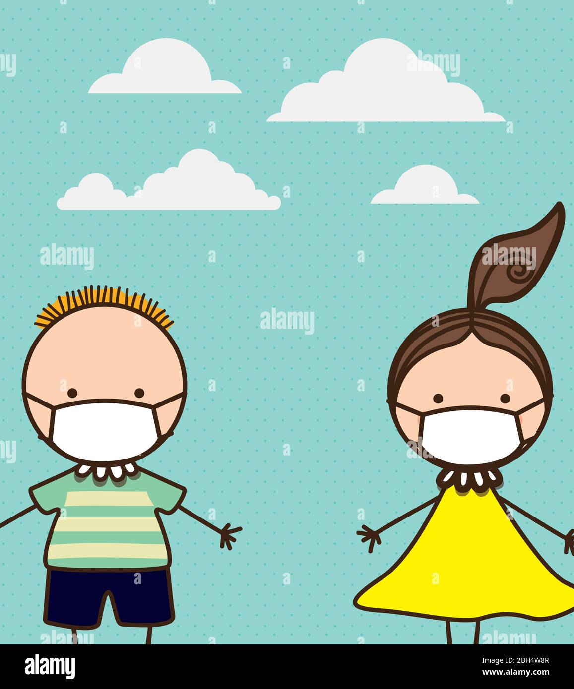 Boy and girl kids with masks against 2019 ncov virus vector design ...