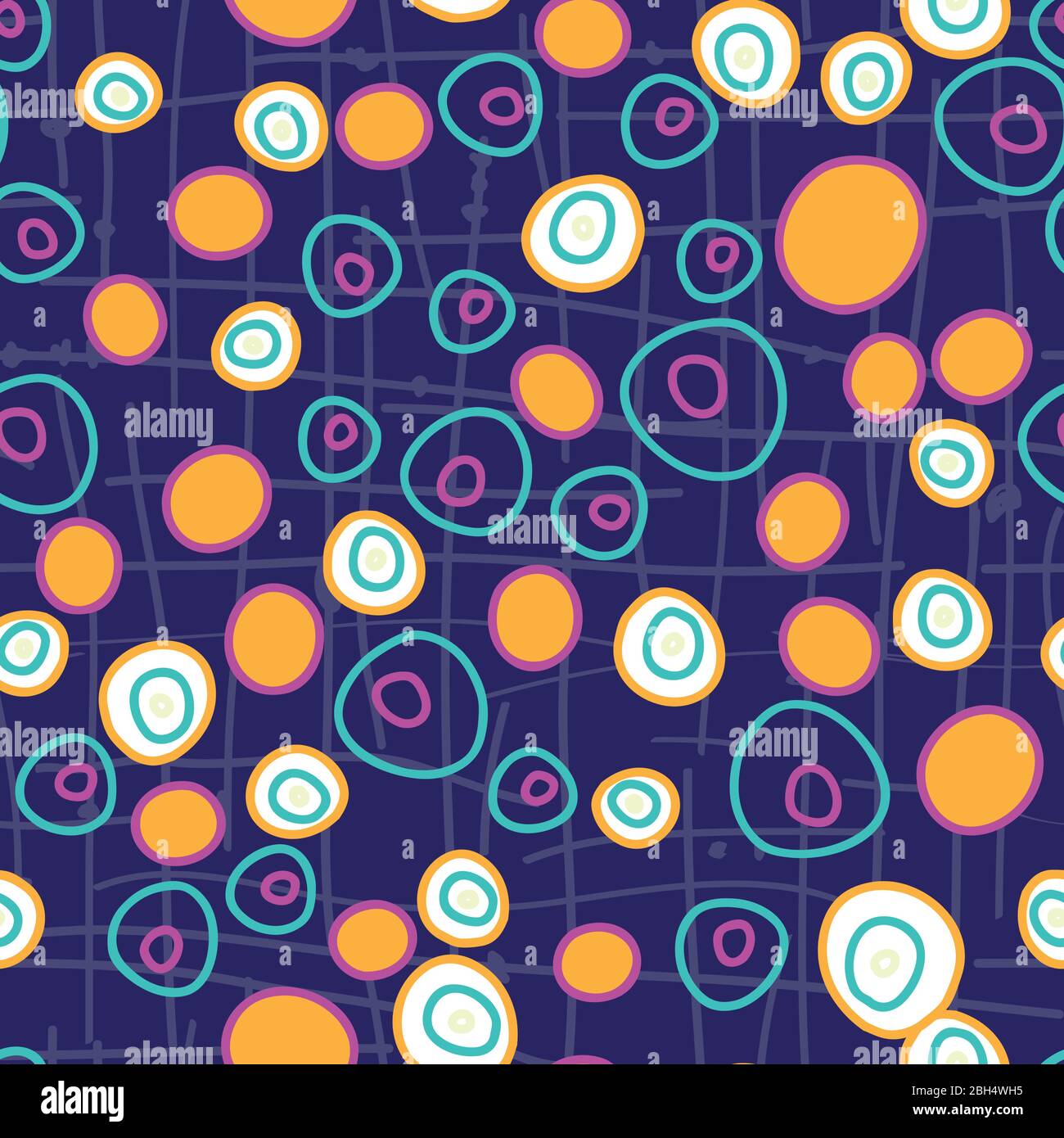 Circle Circus, bright fun dots in circles on a gridded dark blue purple ...