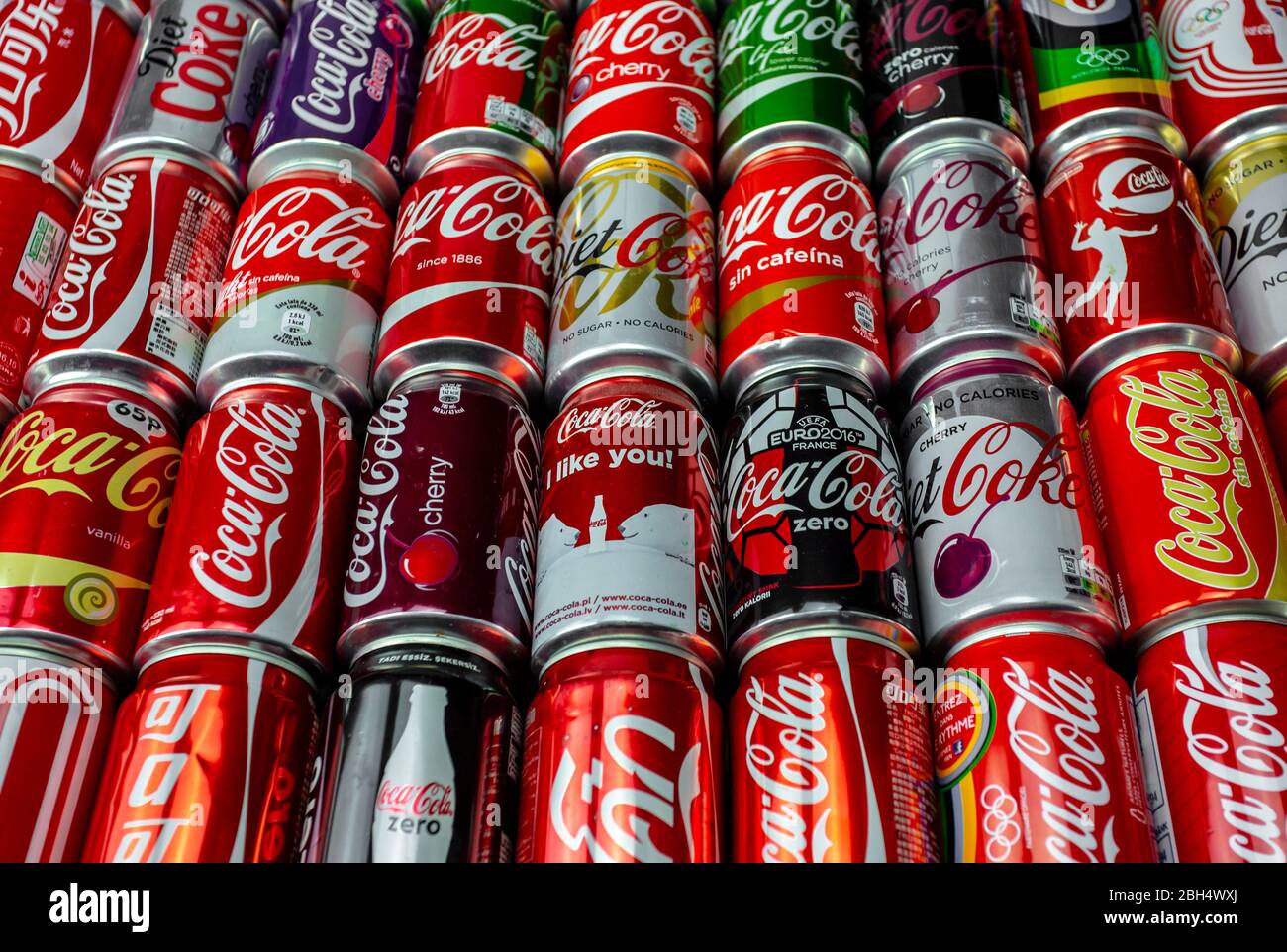 Atlanta, Georgia, USA April 4, 2020: Coca Cola background of many ...