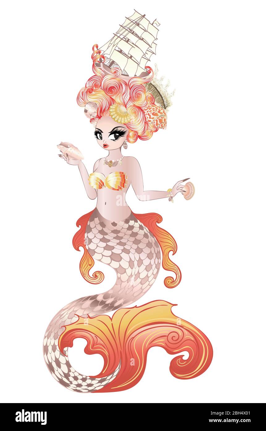 Fantasy mermaid with rococo hairstyle and seashells design Stock Vector ...
