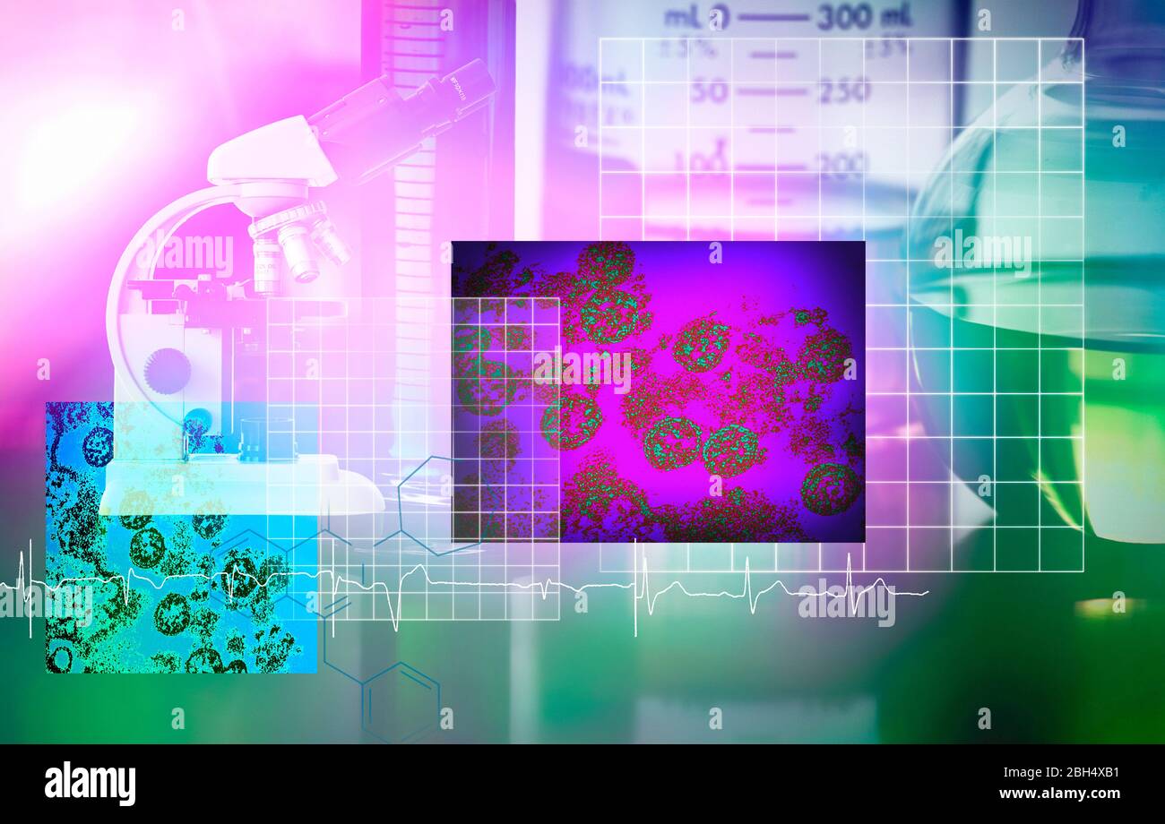 Digital composite of microscope, beaker, bacteria and electrocardiogram ...