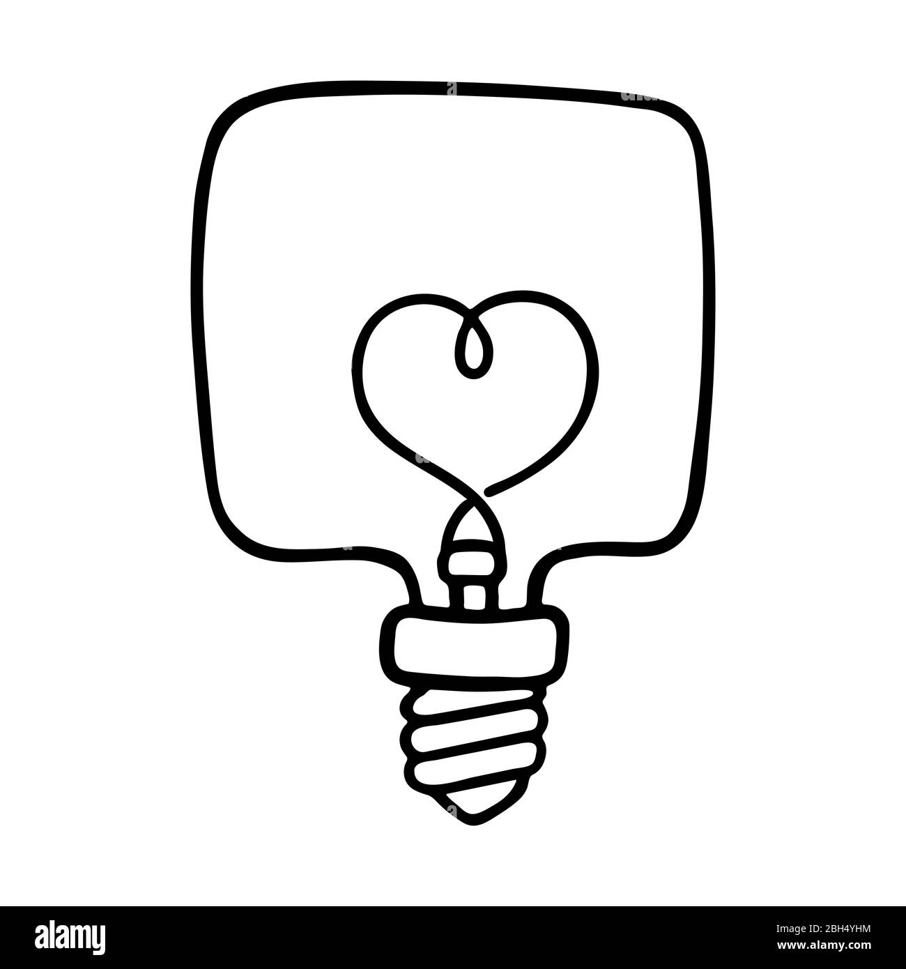 Heart shaped square light bulb with a spiral on a white background ...