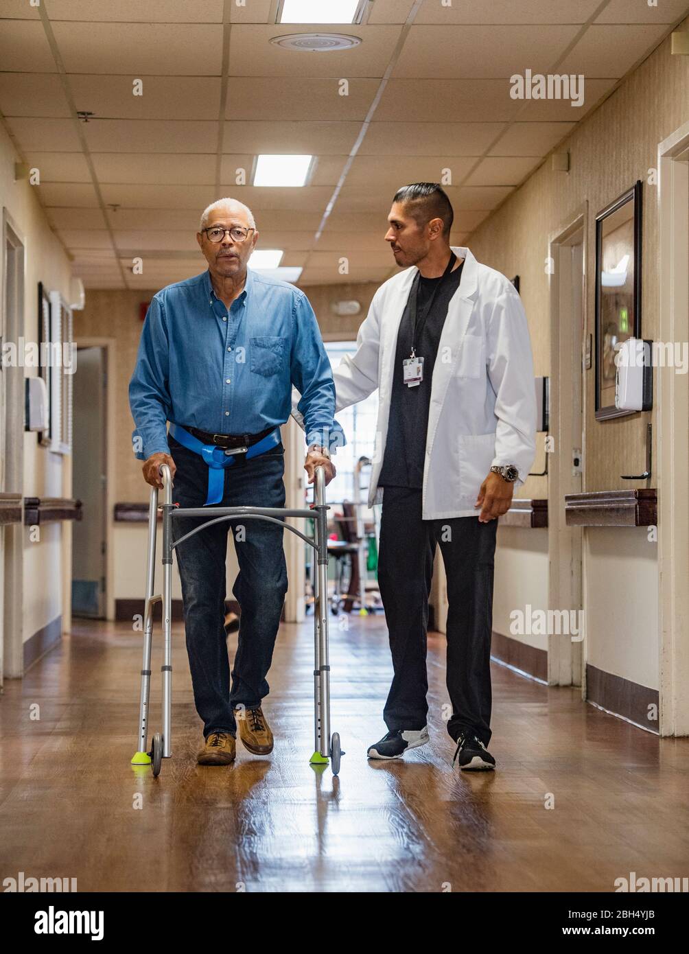 Doctor helping senior man use walking frame Stock Photo - Alamy