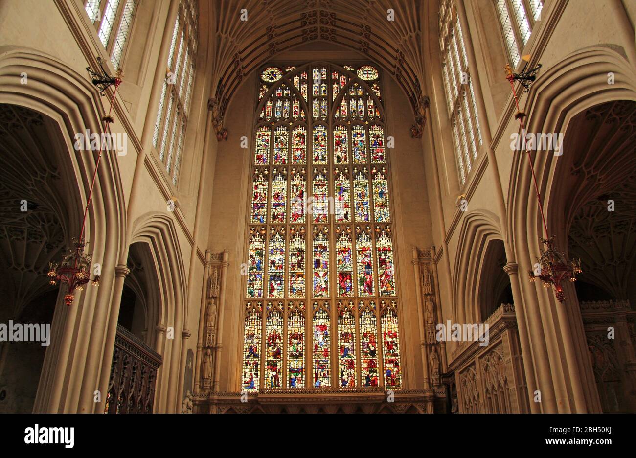 The elaborate interior of Bath Abbey, England, contains numerous ...