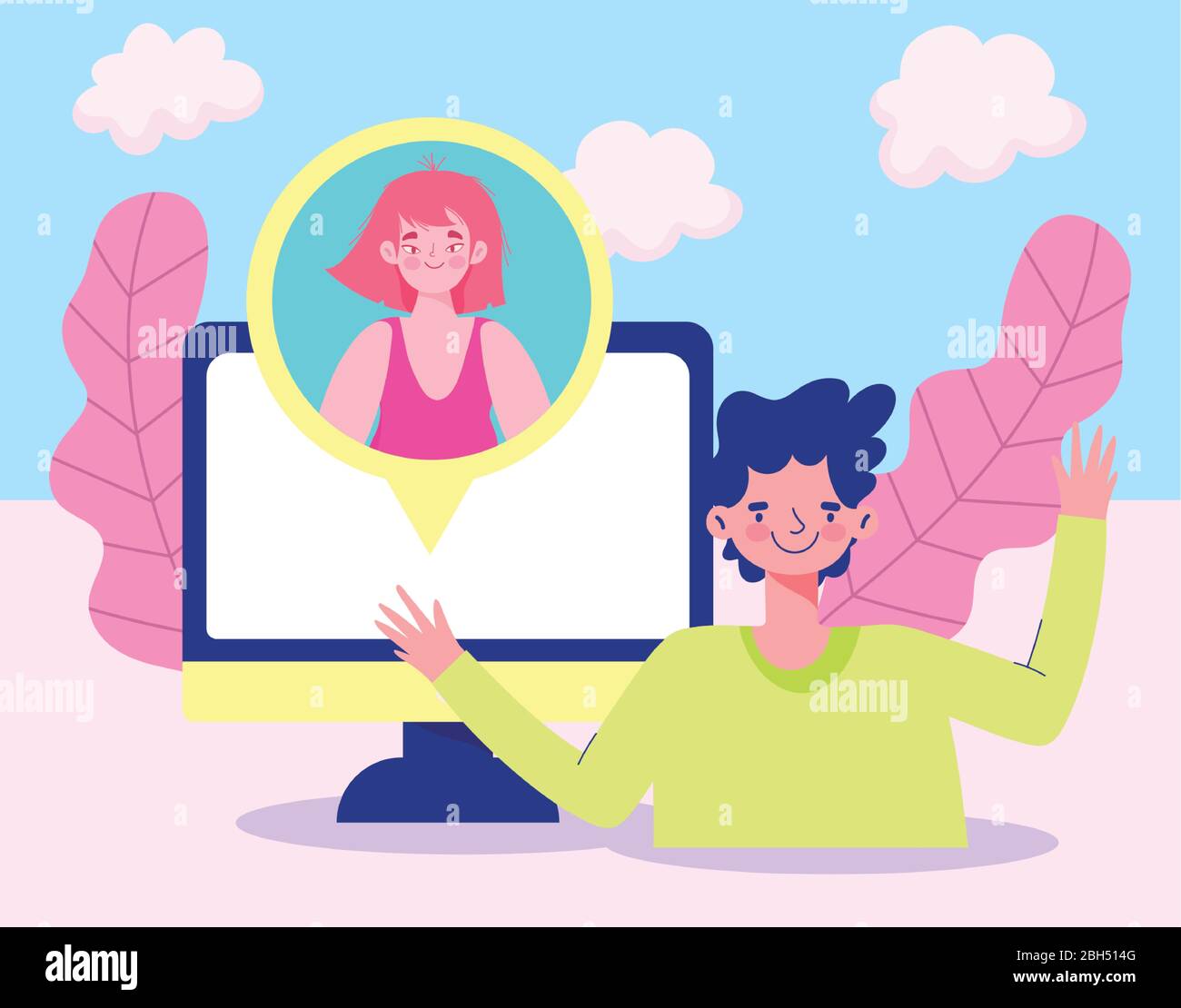 meeting online, couple connected computer talking cartoon vector ...