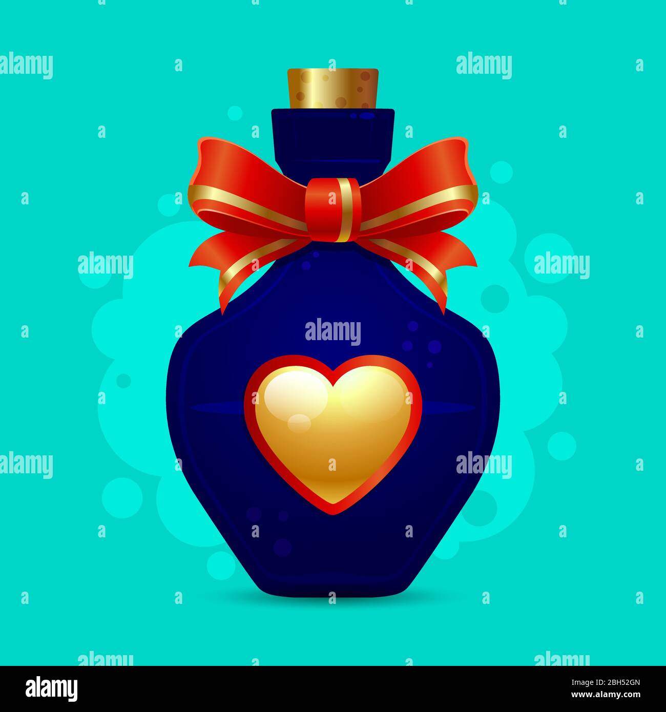 Blue bottle with a golden heart and a red ribbon. Magic elixir of love ...