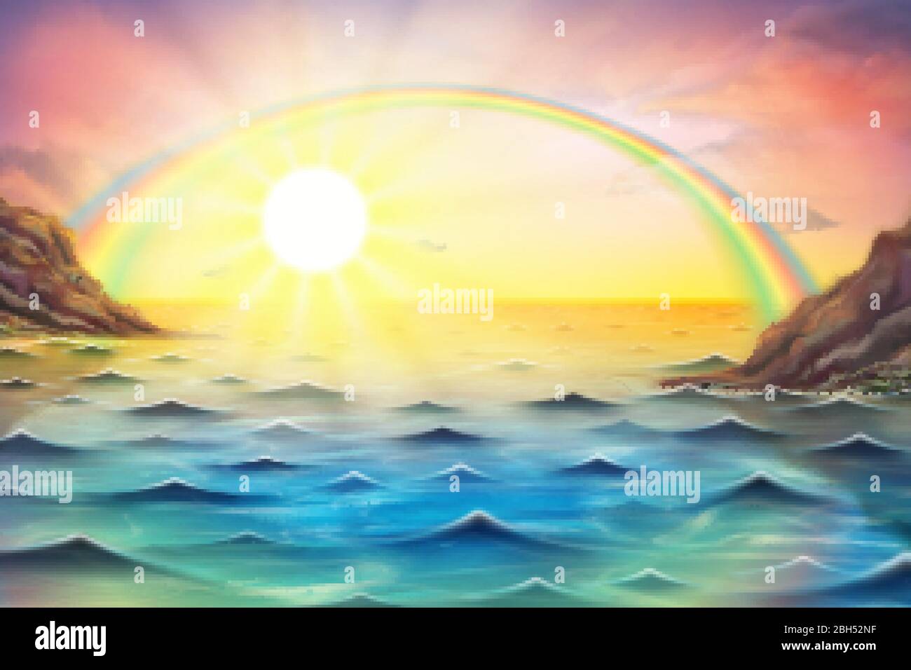 Colorful ocean beach sunrise with rainbow and sun rays background Stock ...