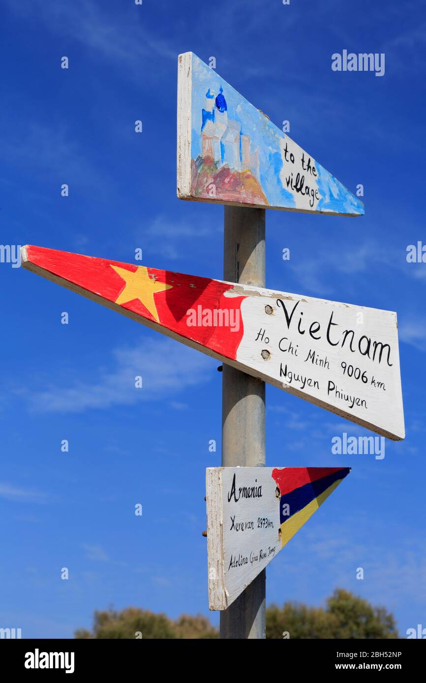 Signs, Red Beach, Akrotiri Village, Santorini Island, Greece, Europe ...