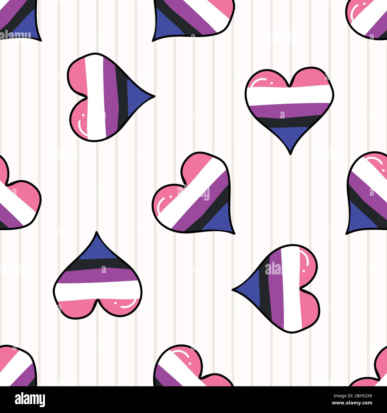 Cute genderfluid heart cartoon seamless vector pattern. Hand drawn ...