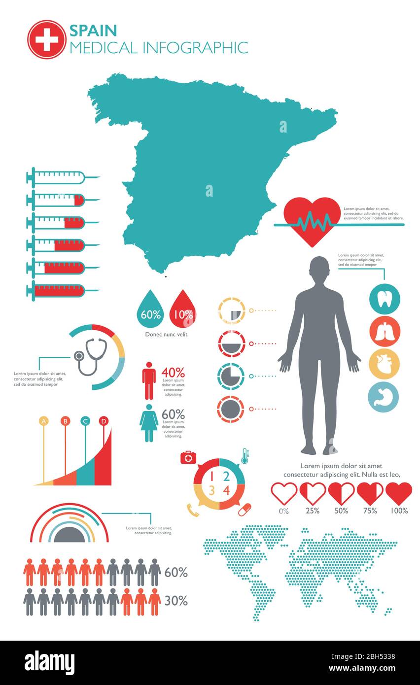 Spain medical healthcare infographic template with map and multiple ...