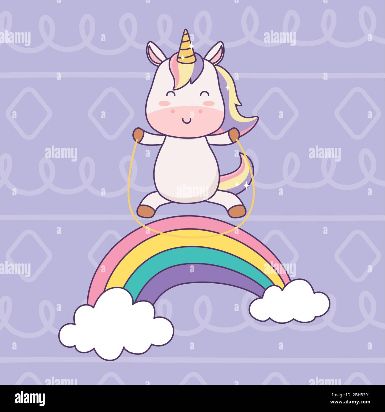 kawaii unicorn playing with rope in rainbow cartoon character magical ...