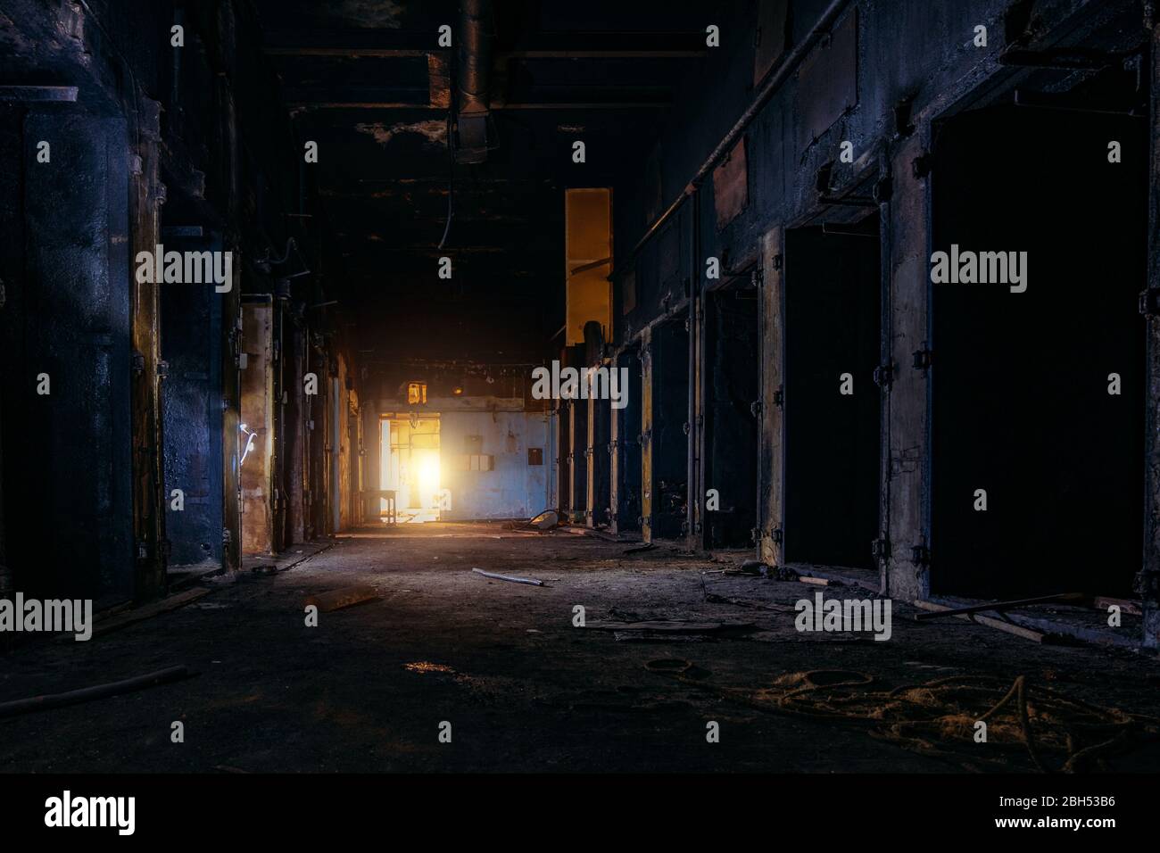 Burnt interior of industrial building or warehouse. Consequences of ...