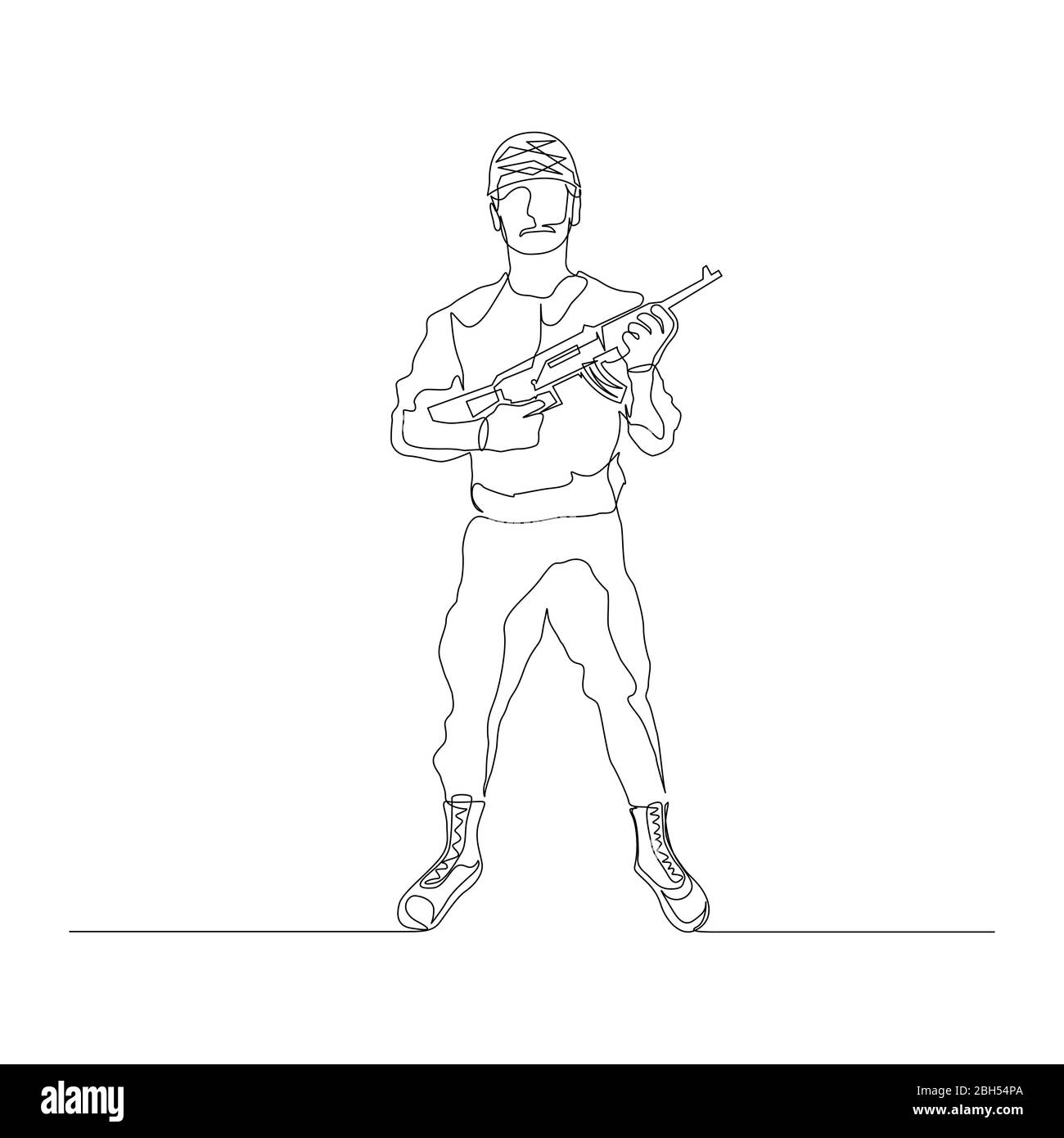 Continuous one line soldier in military uniform with a machine gun ...