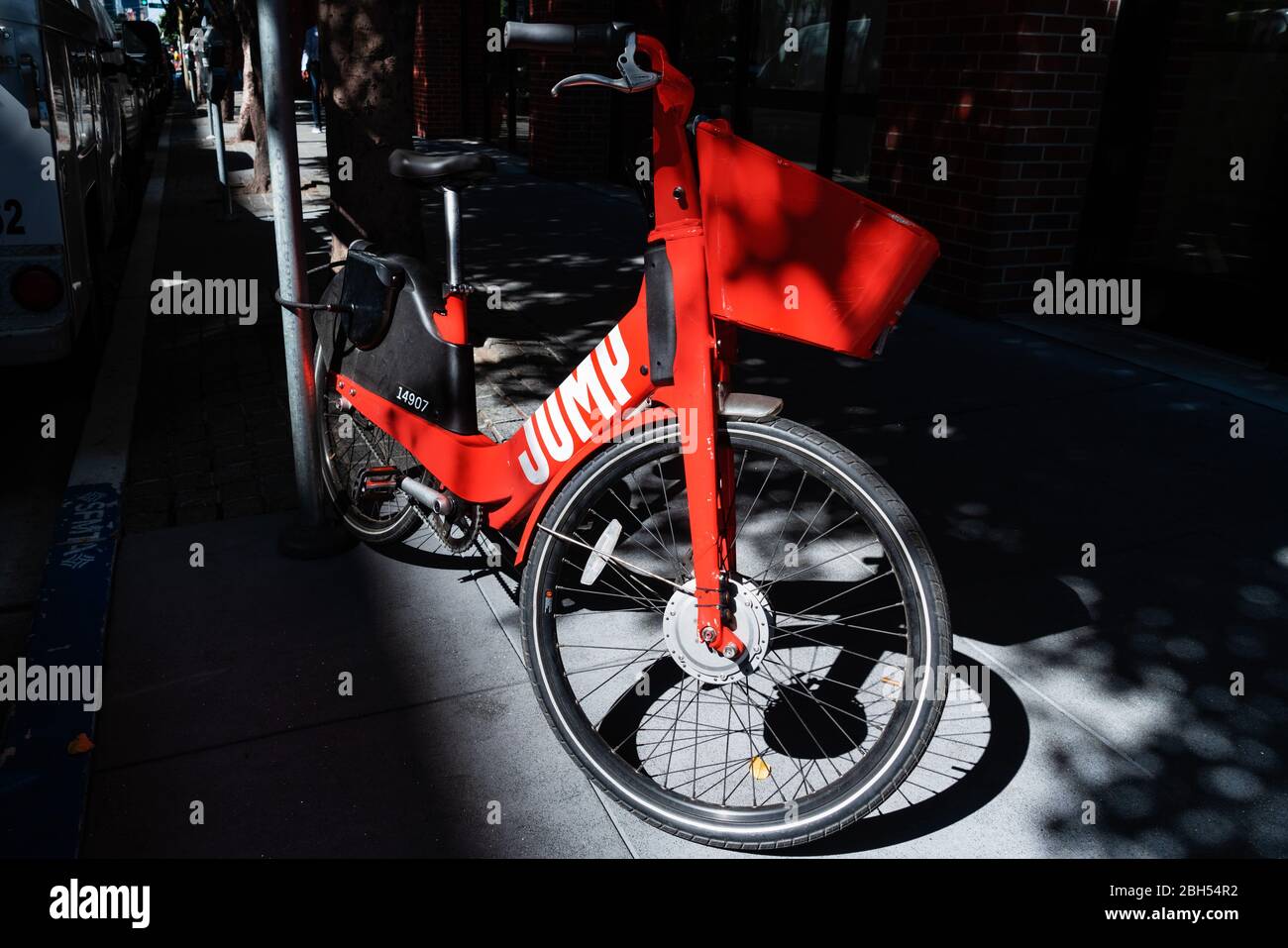 August 21, 2019 San Francisco / CA / USA - Jump electric bike parked in ...