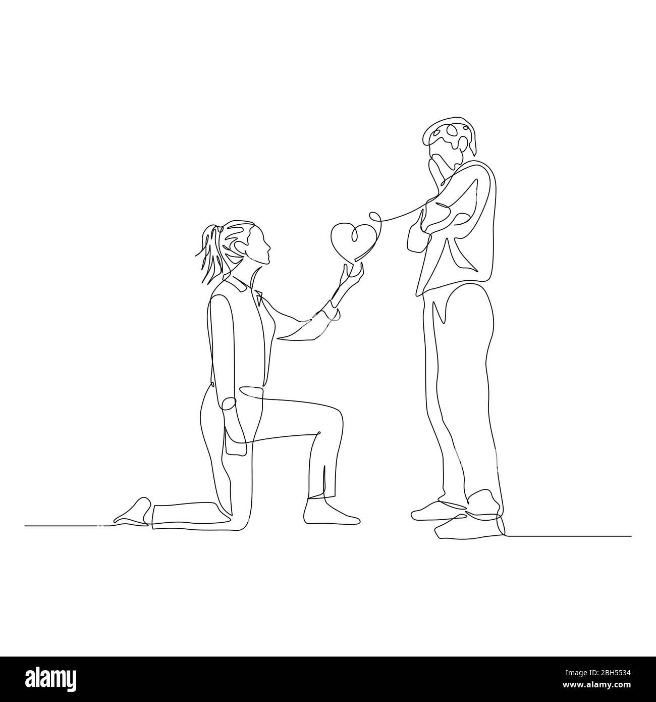 Continuous One Line Woman On Her Knee Makes A Wedding Proposal To A Man