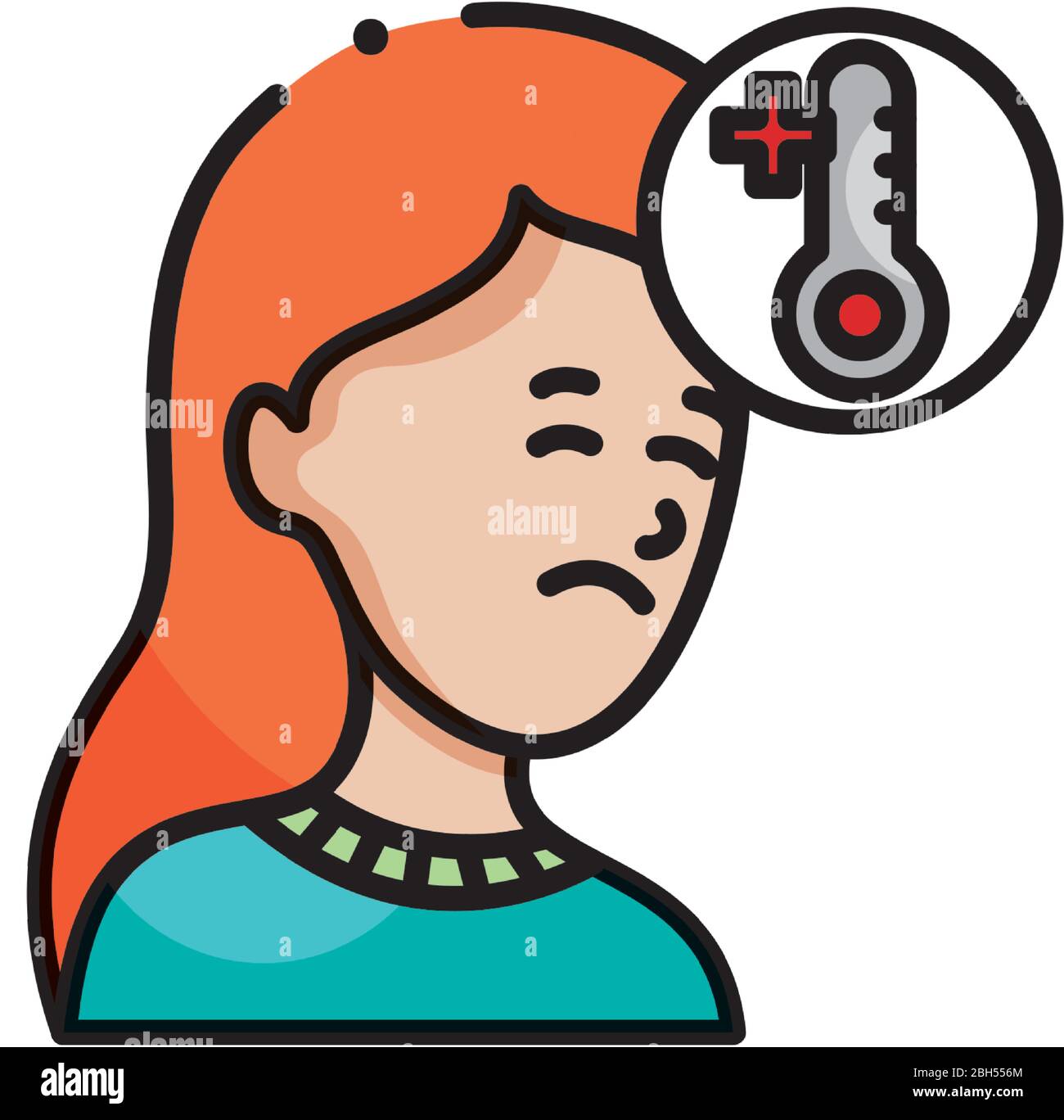 cartoon woman with fever icon over white background, line color style ...