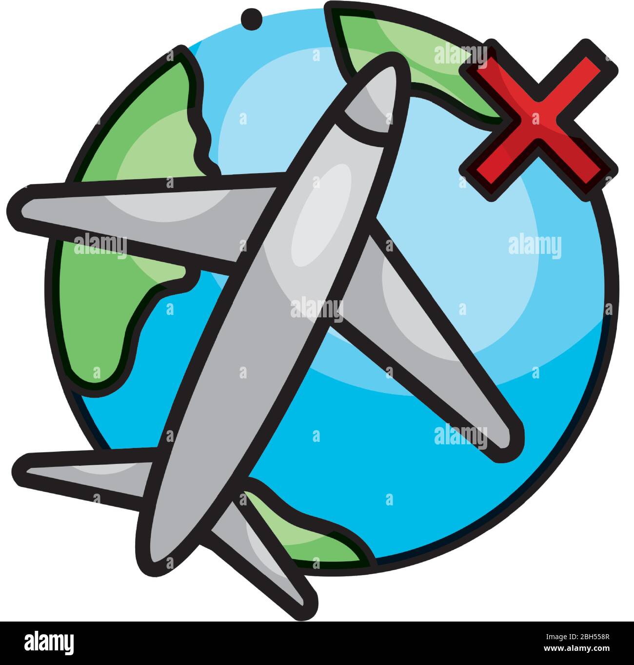 banned flights symbol, earth planet with airplane icon over white ...