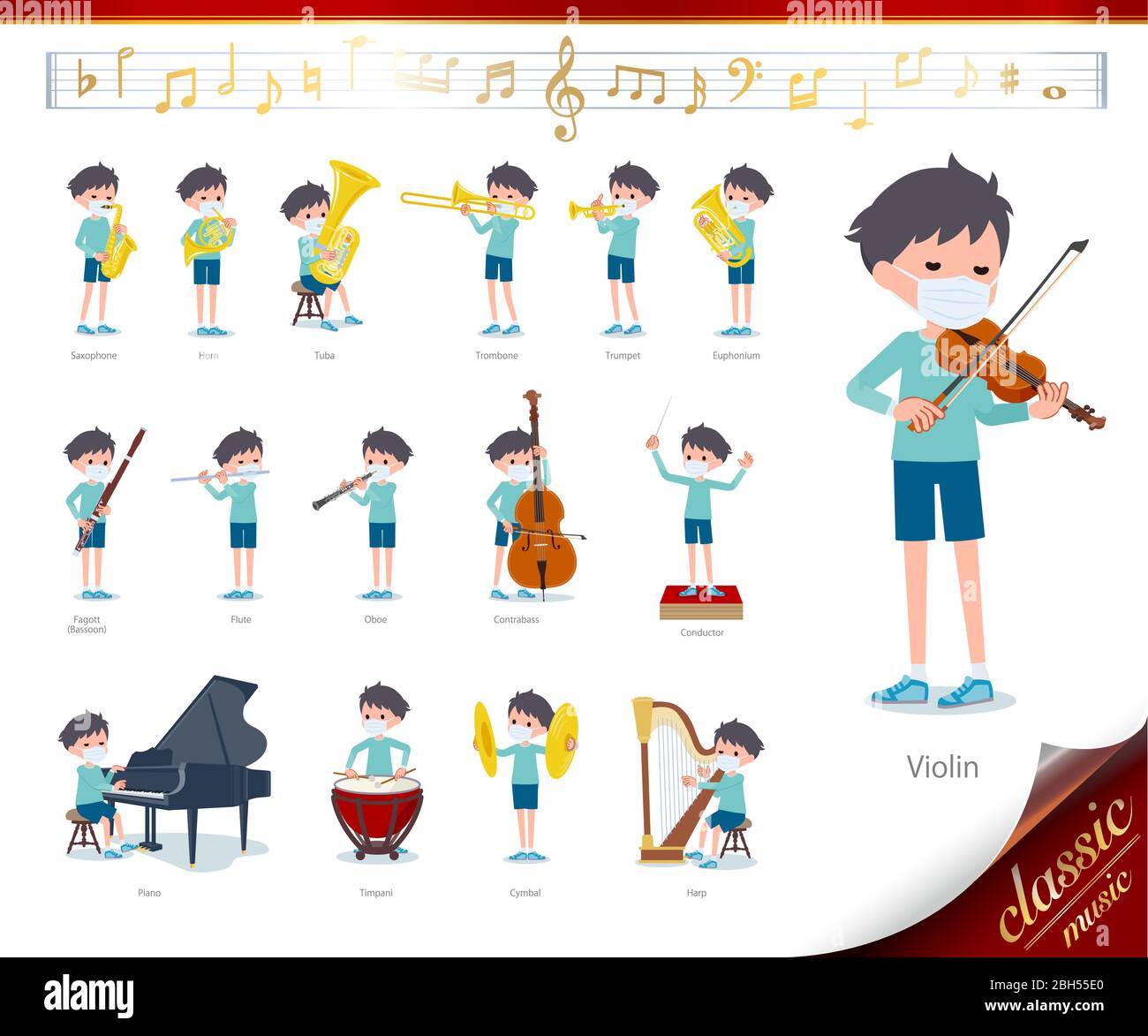 A set of boy wearing mask on classical music performances.There are ...