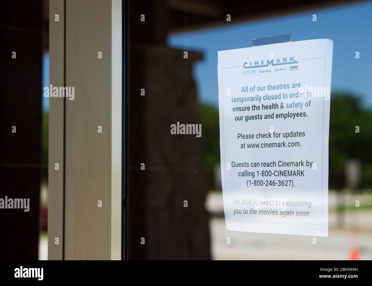 April 23 2020: The sign on the door of CineMark move theatre is closed ...