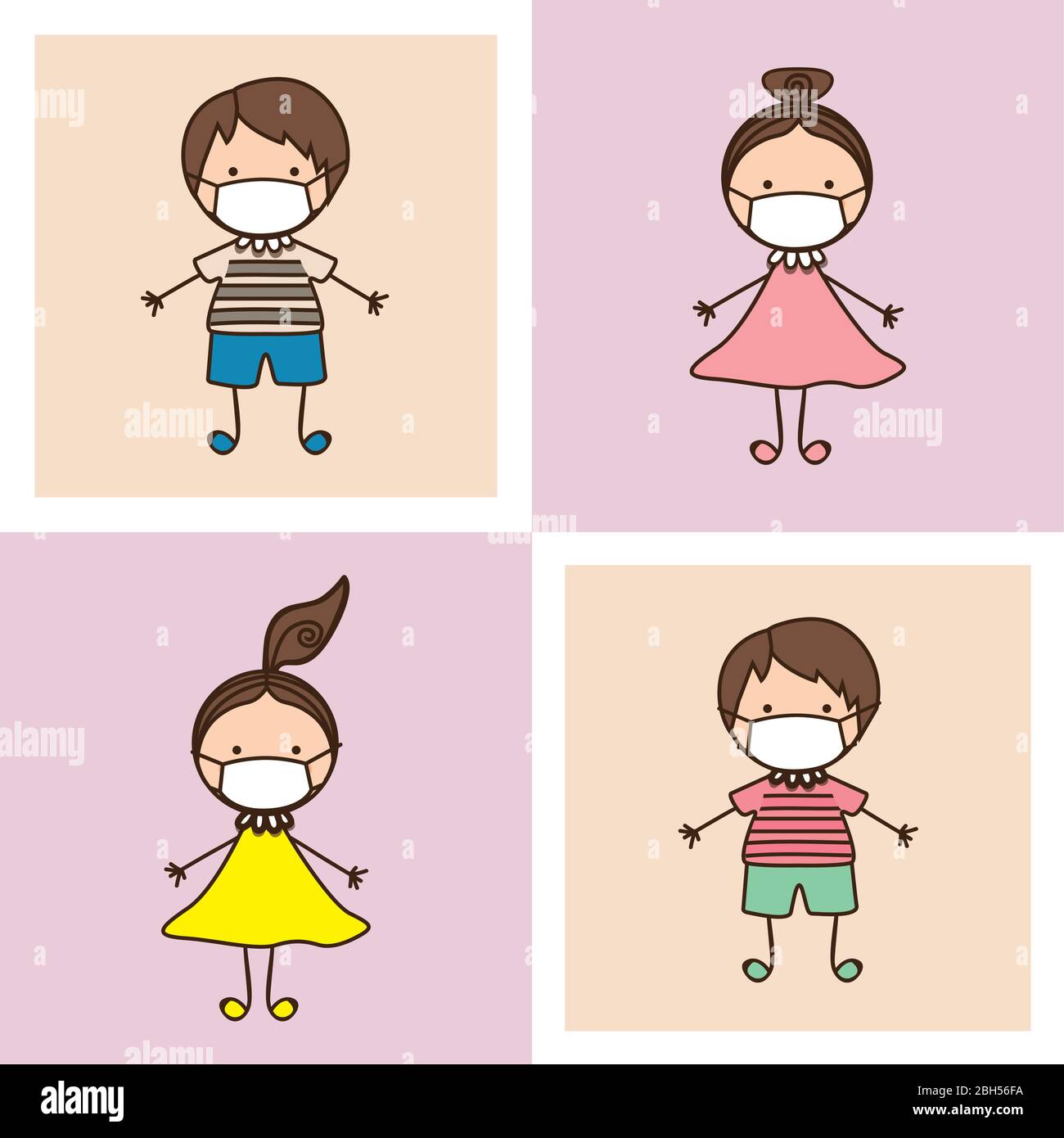 Boys and girls kids with masks against 2019 ncov virus vector design ...