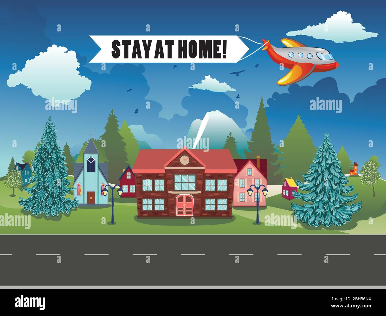 Retro airplane with stay at home banner in the sky flying over town ...