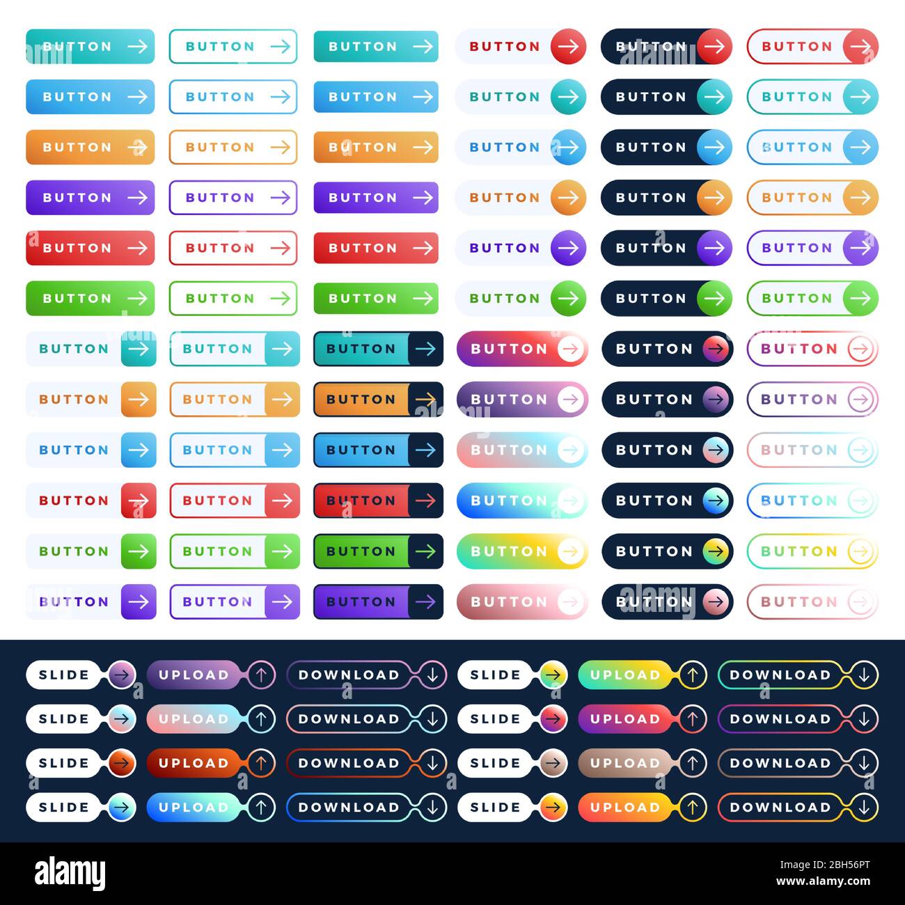 Colorful vector button set on white background. Three style Flat line ...