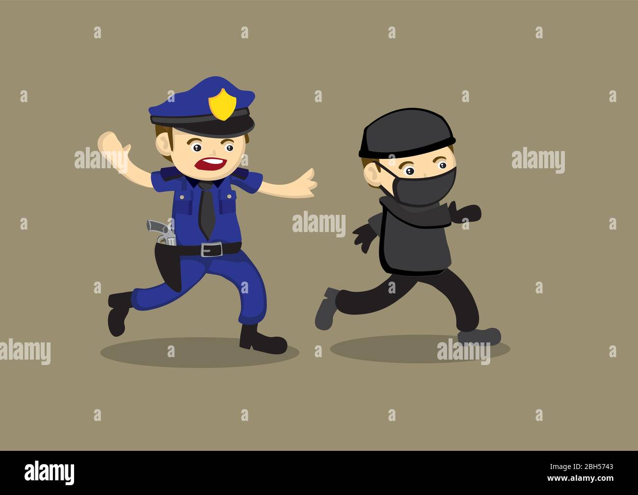 Vector cartoon illustration of a police officer chasing after and ...