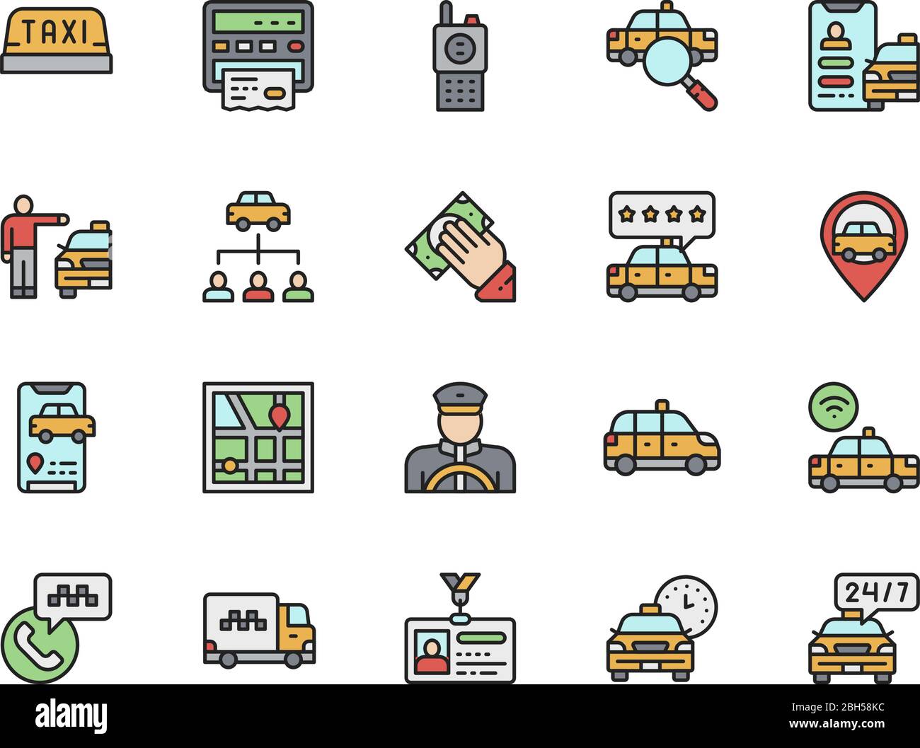 Set of Taxi Flat Color Line Icons. Truck, Map Navigation, Carsharing ...