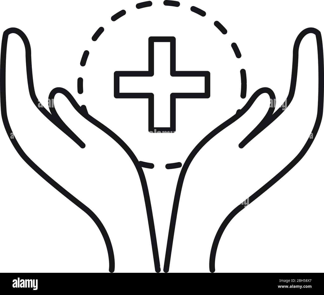 opened hands with medical cross icon over white bakground, line style ...