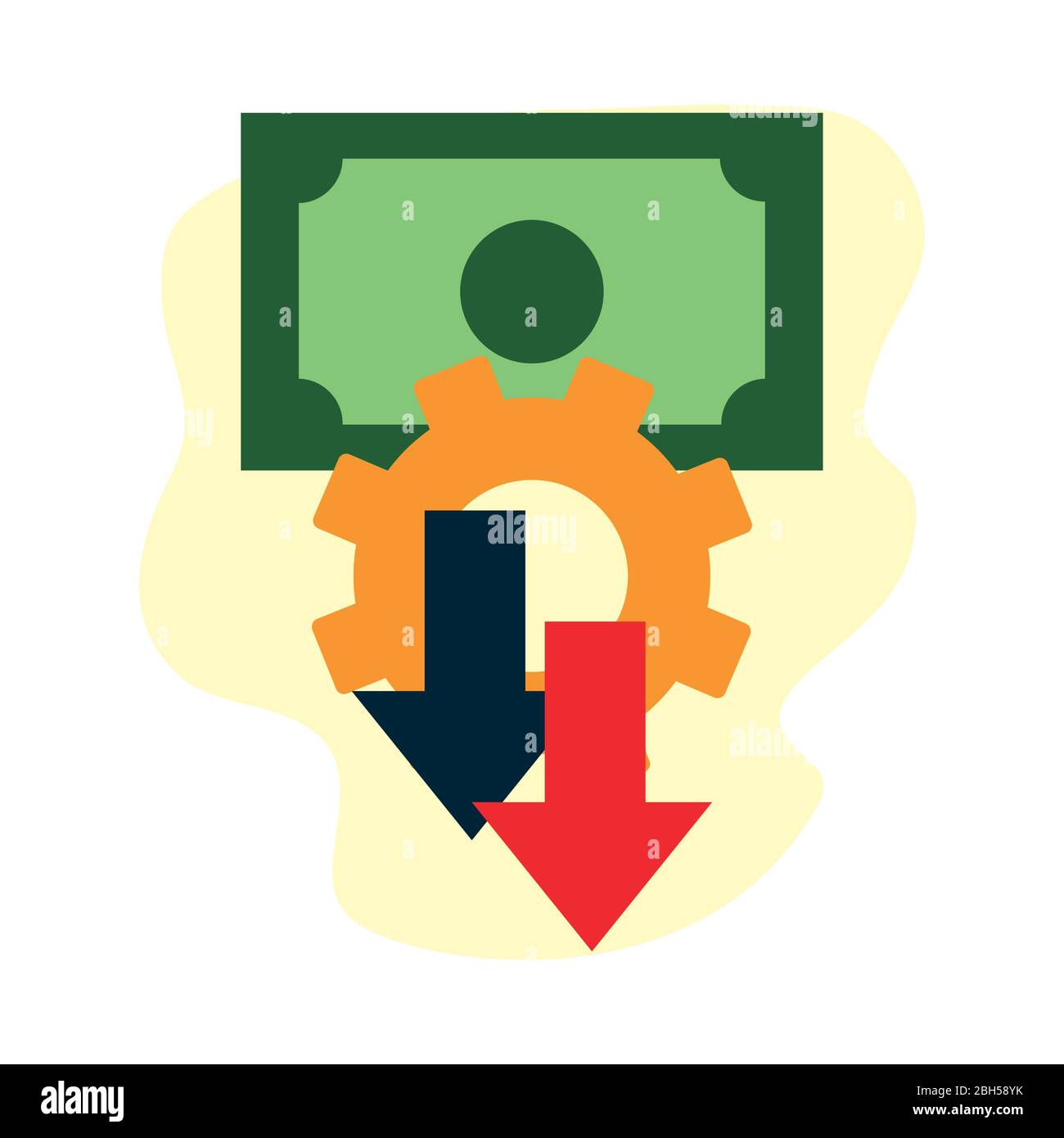 money bill, gear wheel and arrows over white background, colorful ...