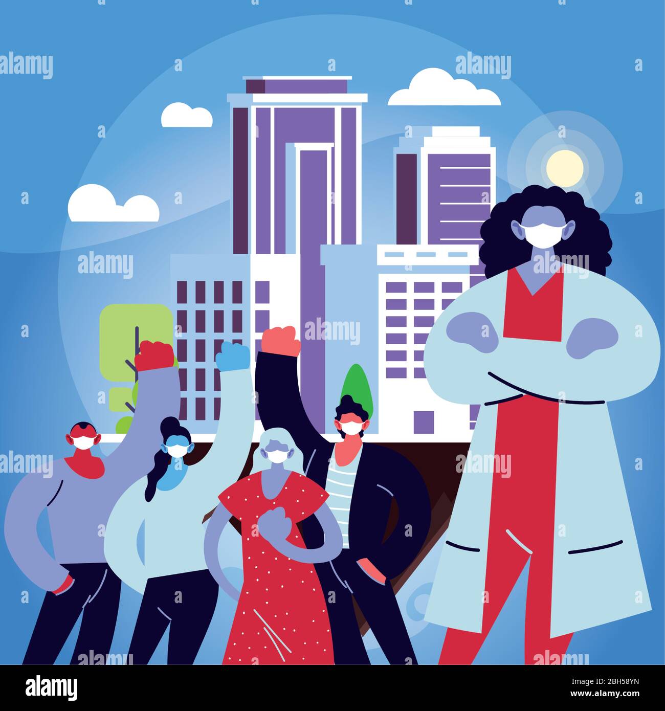 Doctor and patients using face masks vector illustration design Stock ...