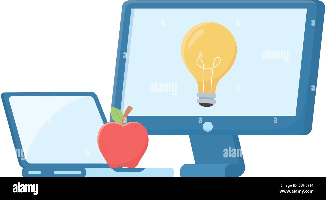 Computer laptop light bulb and apple design, Eduaction class lesson ...