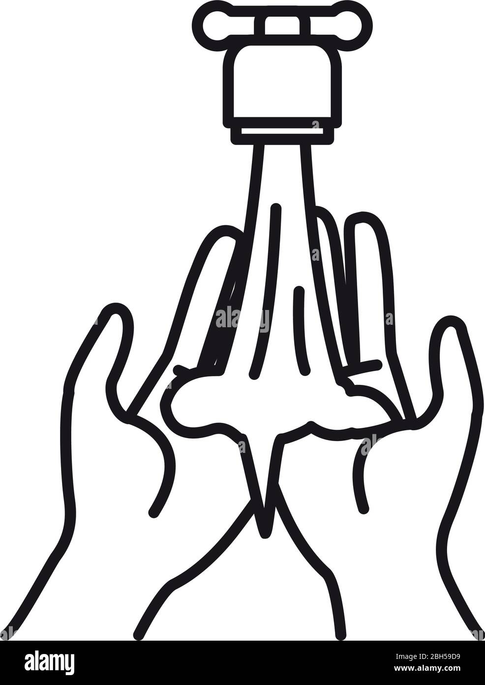 water faucet and hands icon over white background, line style, vector ...