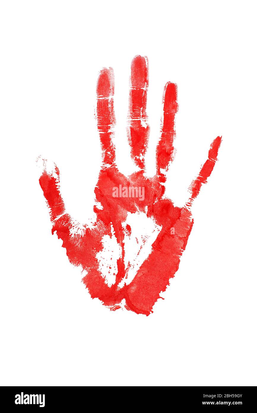 Red watercolor print of human hand on white background isolated close ...
