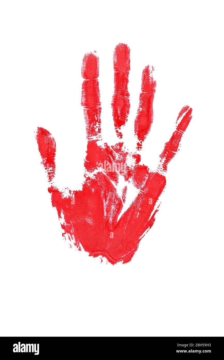 Red watercolor print of human hand on white background isolated close ...
