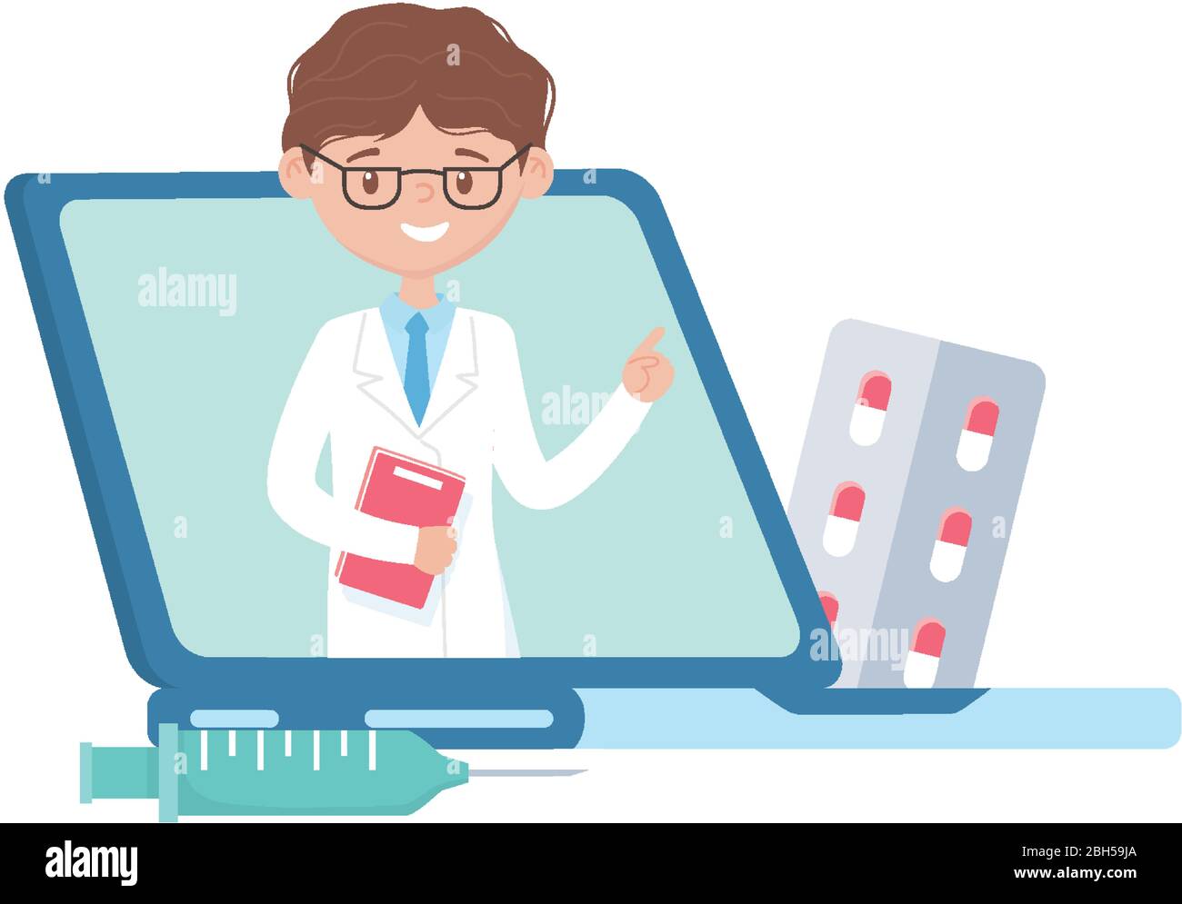 Man doctor inside laptop and pills design of Medical care health ...