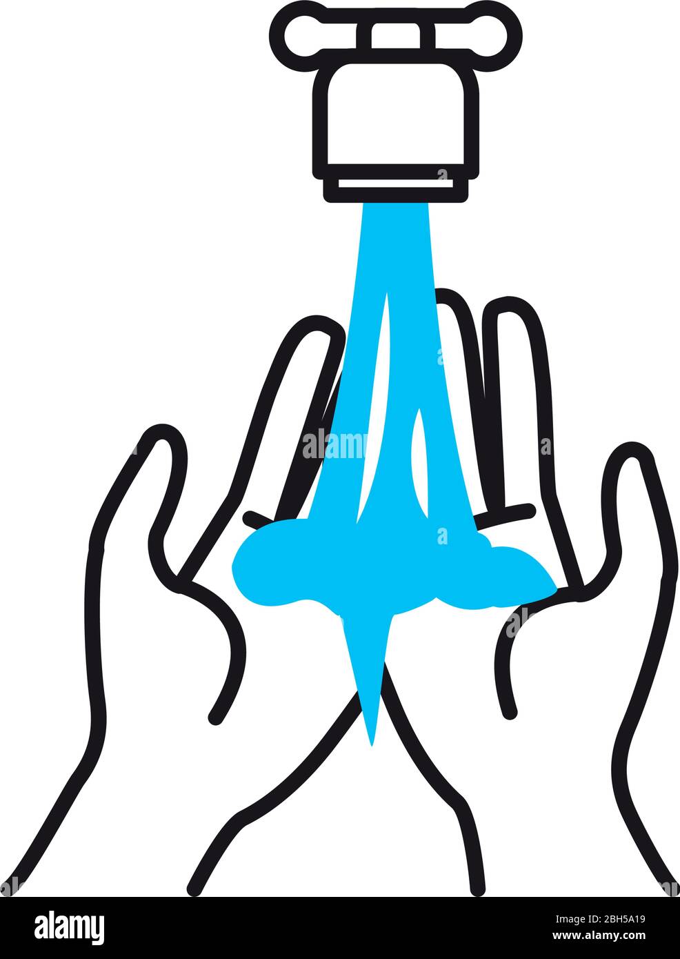 water faucet and hands icon over white background, half color half line ...
