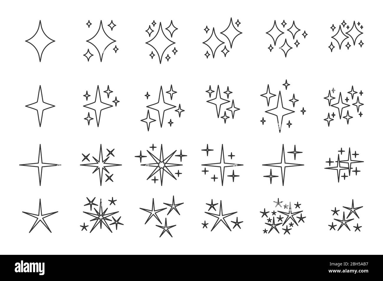 Black line symbols sparkles icon set. Empty outline decorative twinkle sparkle lights star ...