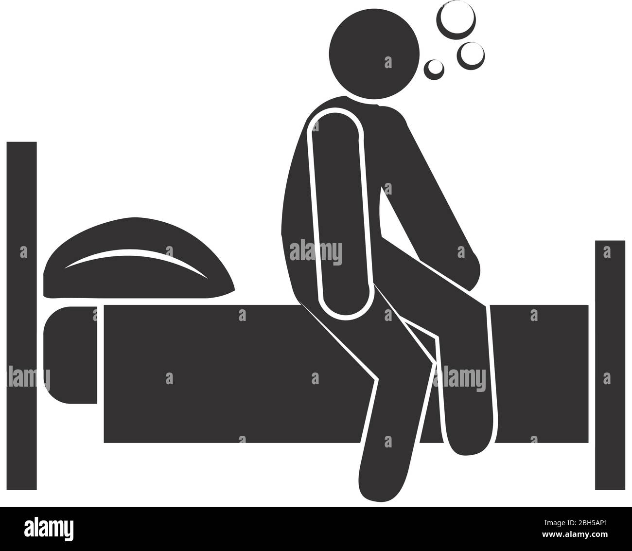 coronavirus and health concept, pictogram man sitting on bed over white ...