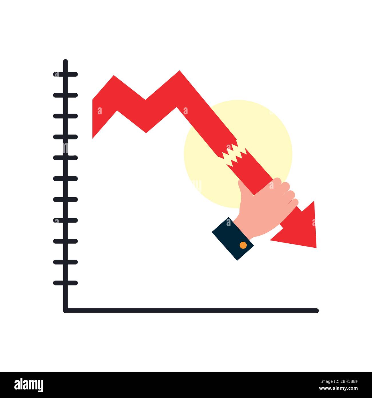 financial chart with hand holding a descending broken arrow over white ...