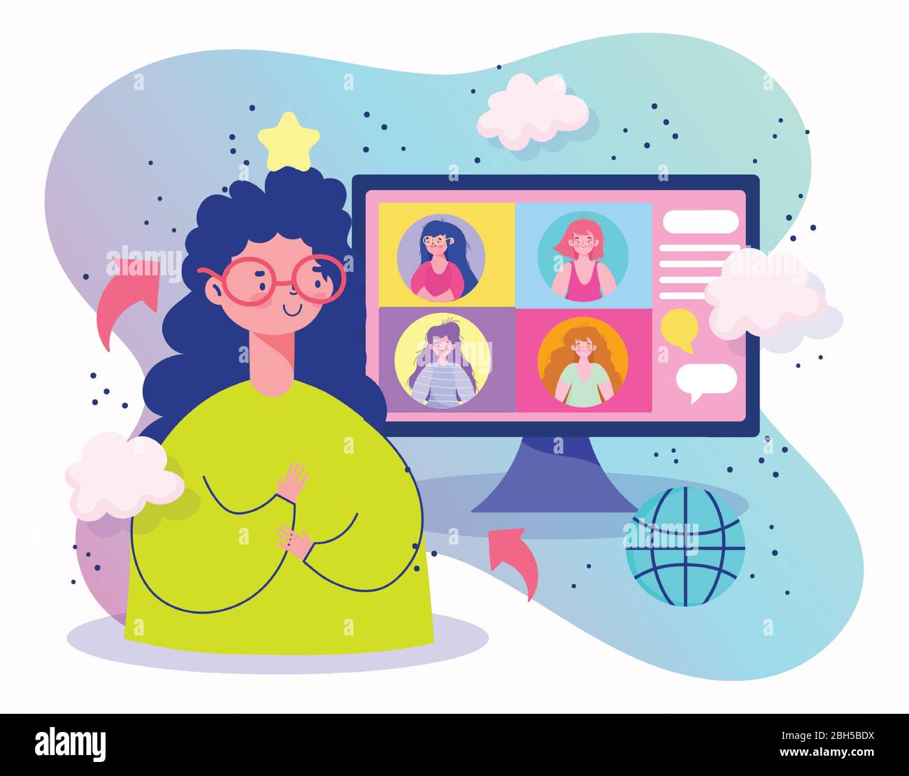 meeting online, people community connected internet computer cartoon ...