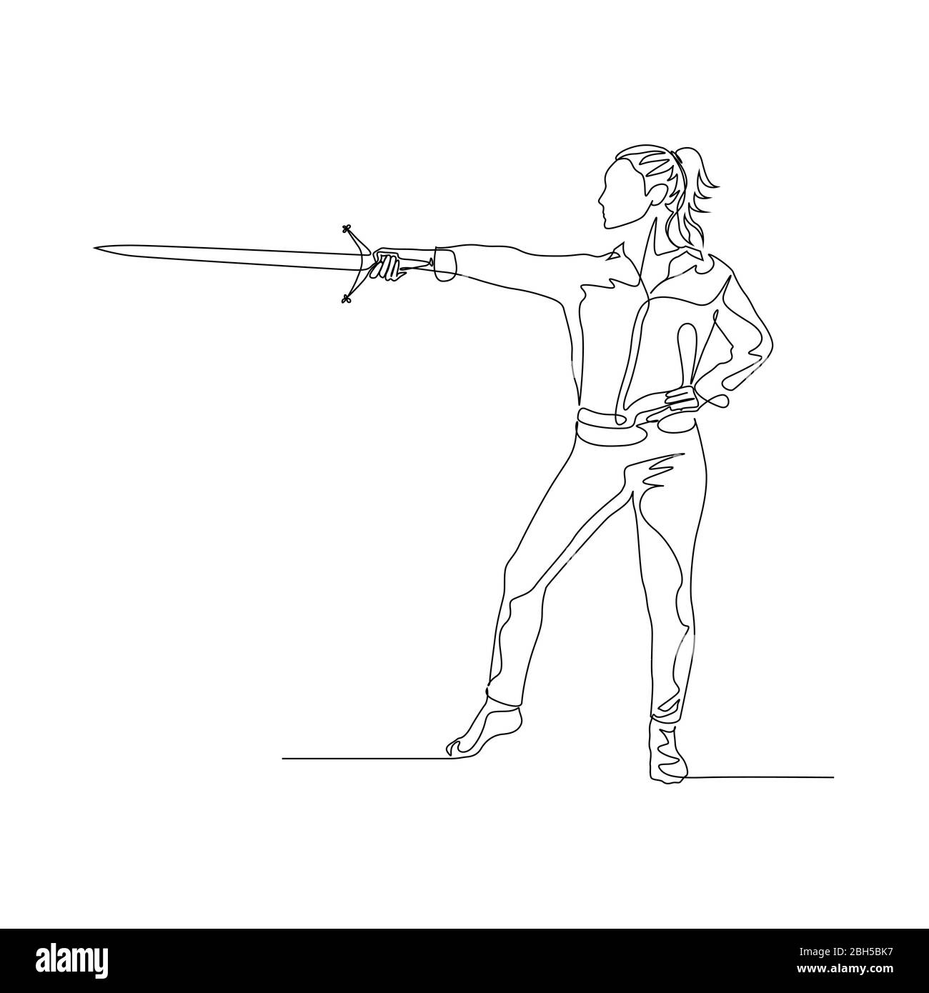 Continuous one line woman points forward with a sword. Vector Stock ...