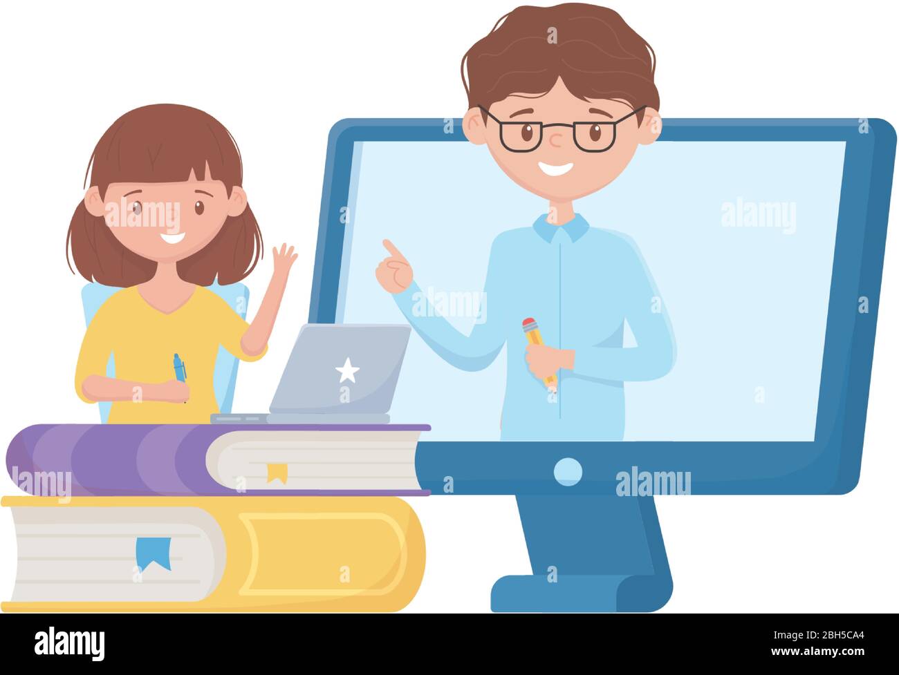 School girl boy computer and books design, Eduaction class lesson ...