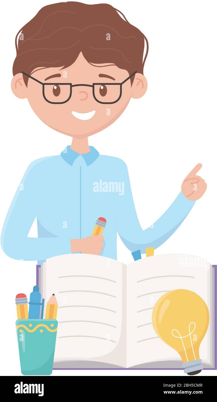 School boy with pencils mug light bulb and book design, Eduaction class ...